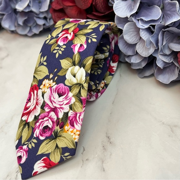 Accessories | Handmade Navy Blue And Pink Floral Cotton Skinny Tie ...